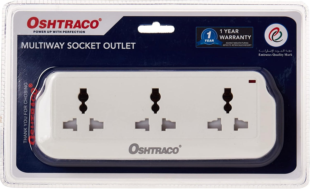Oshtraco 3 Way Universal Multi Socket, White – Al Kabayel Discount Centre